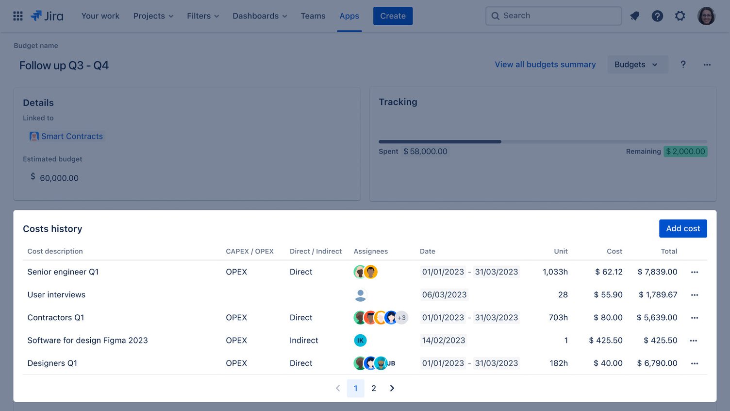 How to track direct costs and indirect costs for projects in Jira?